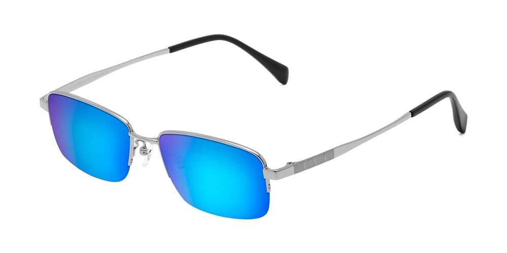 Silver Classic Rectangle Semi-Rimless Mirrored Sunglasses with Blue ...