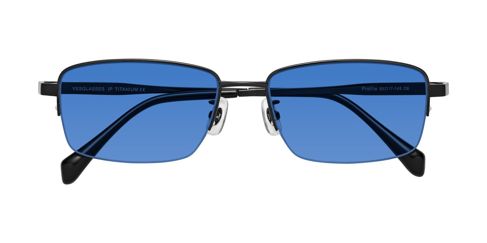 Black Classic Rectangle Semi-Rimless Tinted Sunglasses with Blue ...