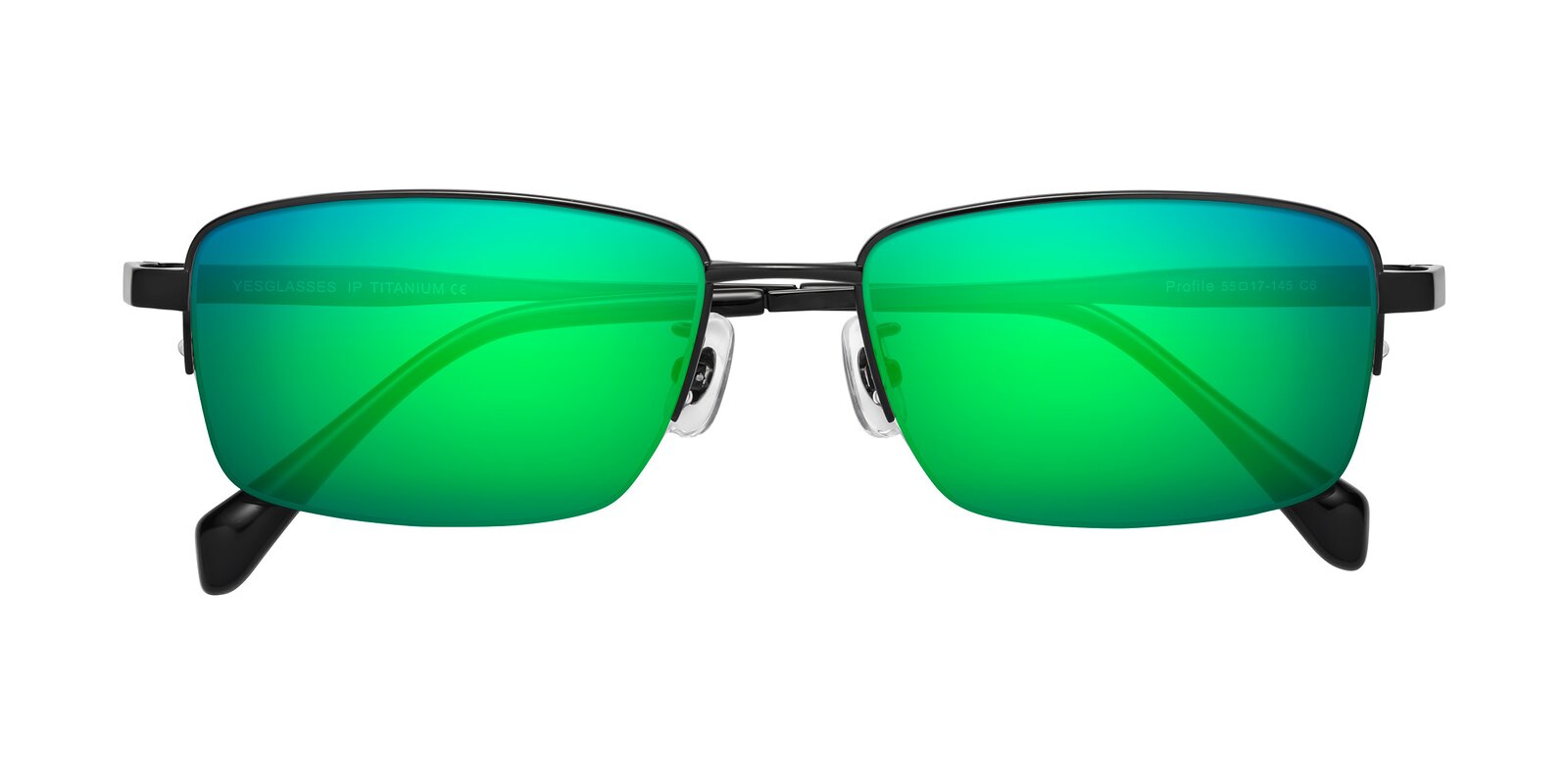 Black Classic Rectangle Semi-Rimless Mirrored Sunglasses with Green ...