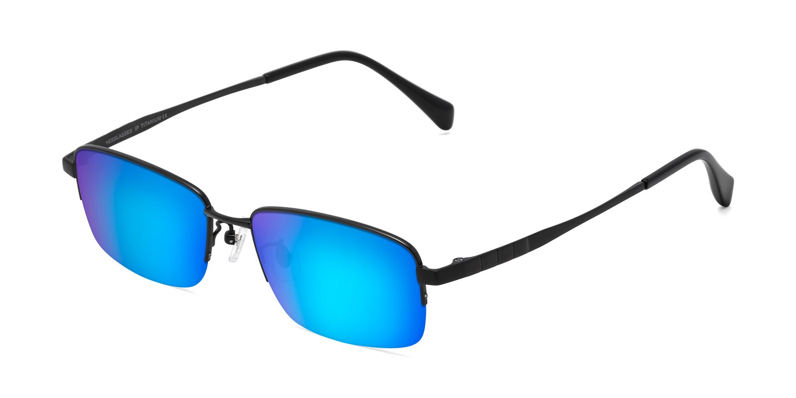 Black Classic Rectangle Semi-Rimless Mirrored Sunglasses with Blue ...