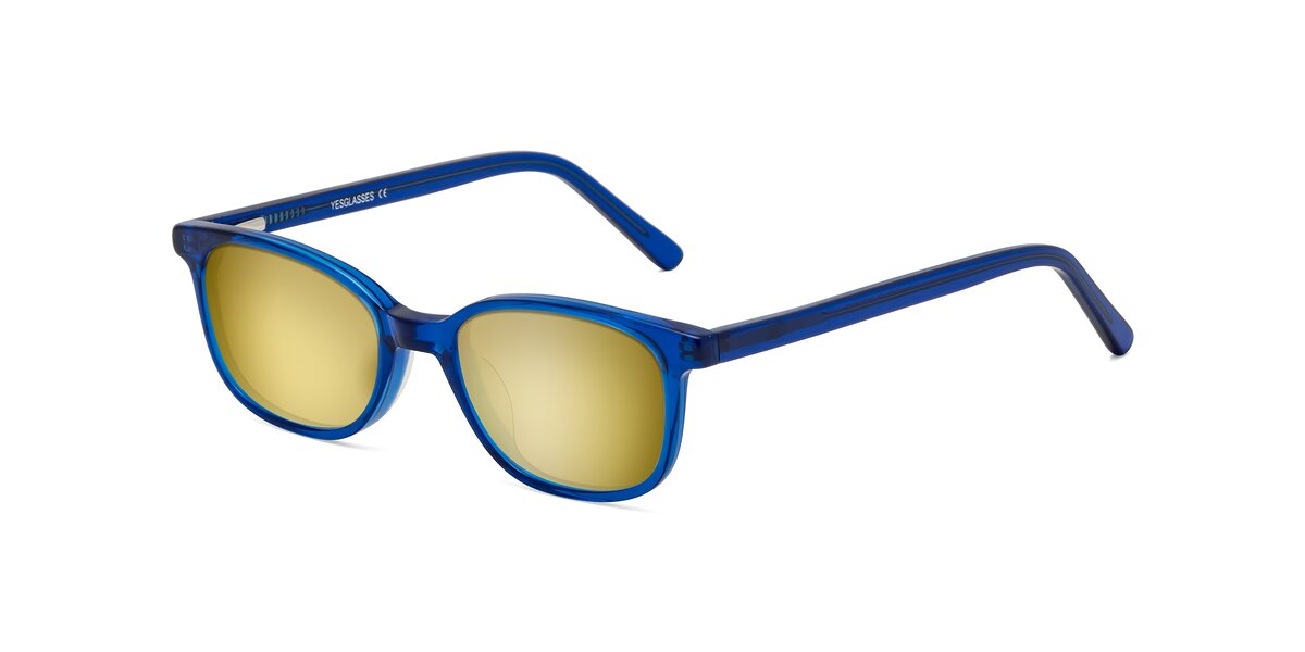 Navy Blue Classic Low Bridge Fit Rectangle Mirrored Sunglasses with ...