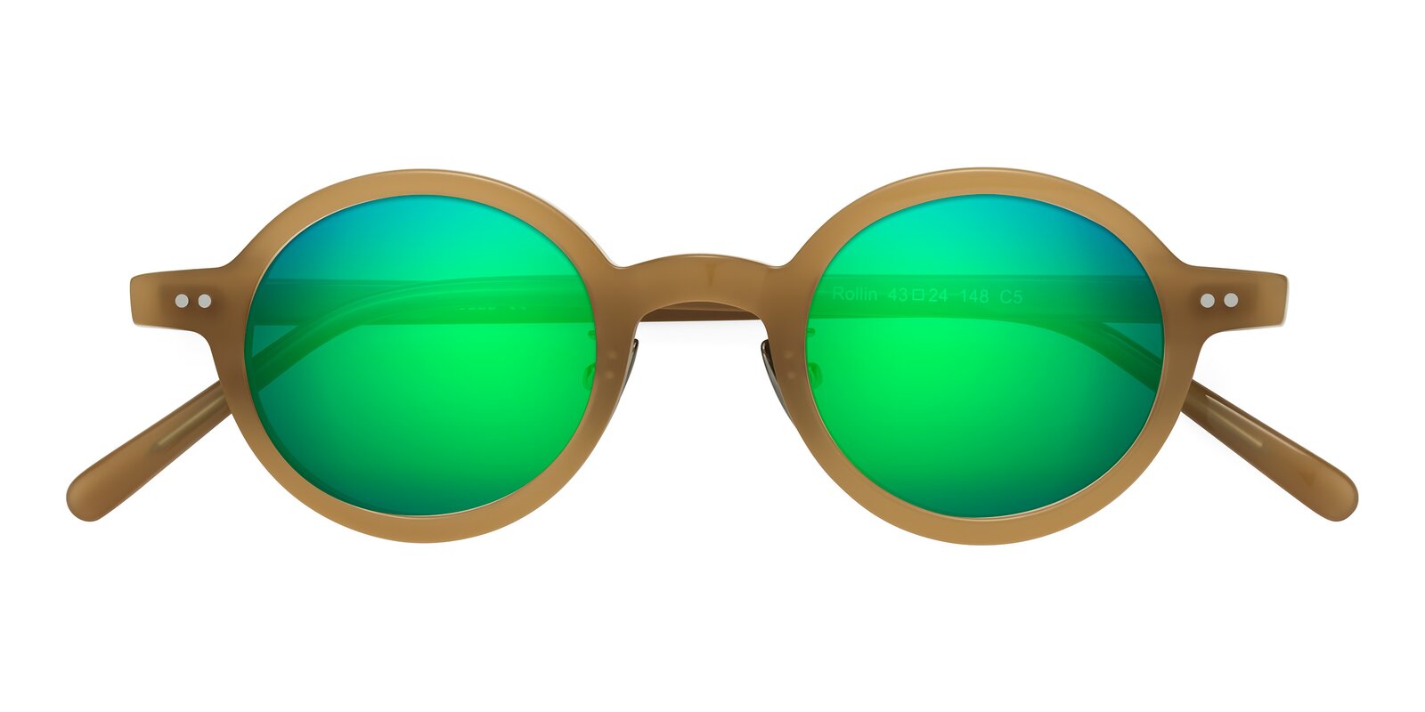 Caramel Narrow Retro-Vintage Round Mirrored Sunglasses with Green ...