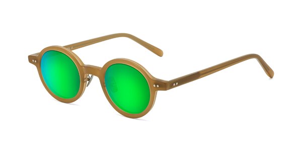 Caramel Narrow Retro-Vintage Round Mirrored Sunglasses with Green ...