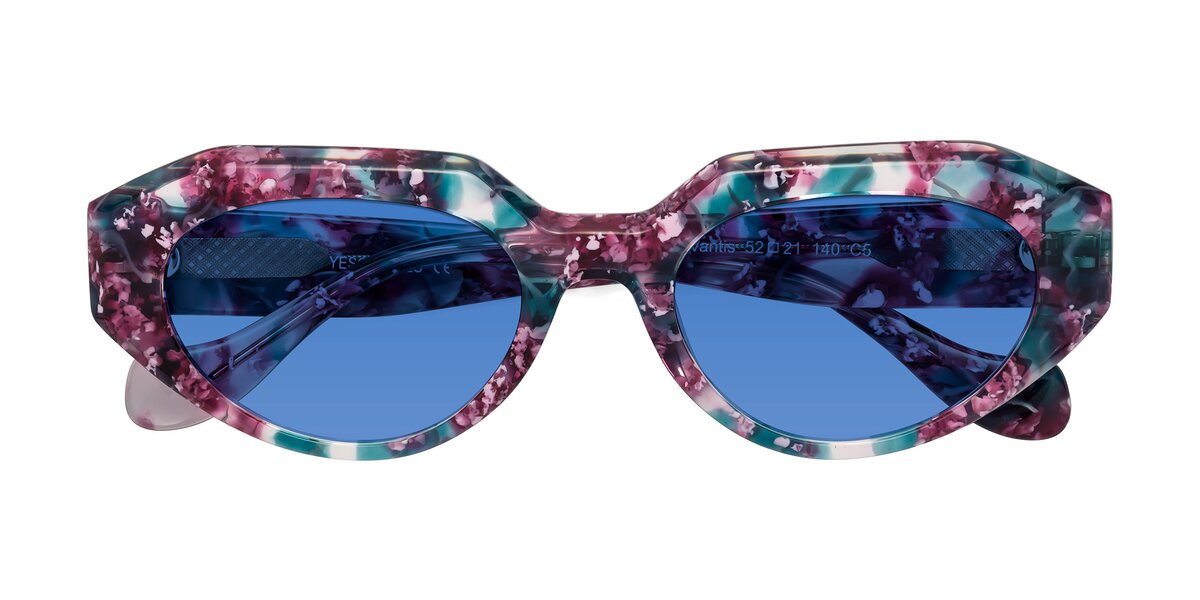 Spring Floral Thick Geek-Chic Geometric Tinted Sunglasses with Blue ...