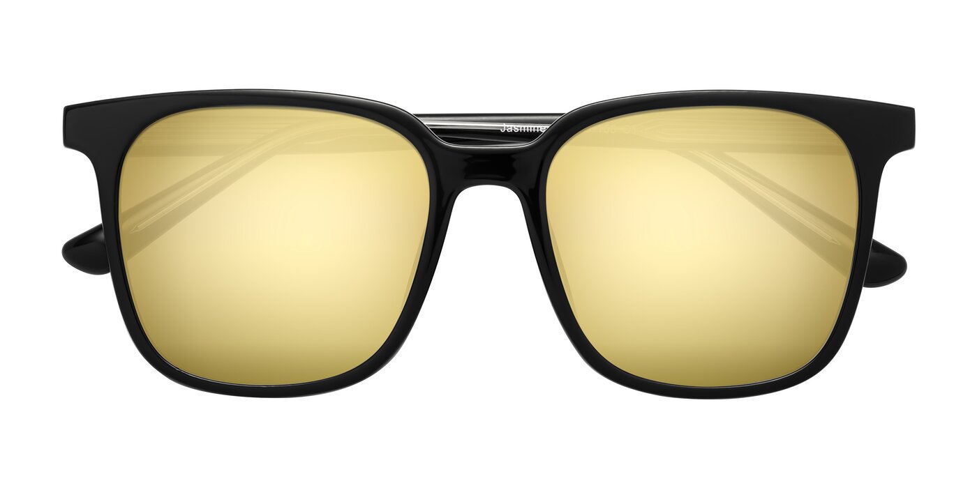 Black Oversized TR90 Square Mirrored Sunglasses with Gold Sunwear ...