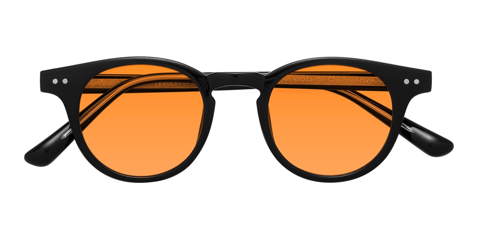 Black Retro-Vintage Low Bridge Fit Round Tinted Sunglasses with Orange Sunwear Lenses - Sweet