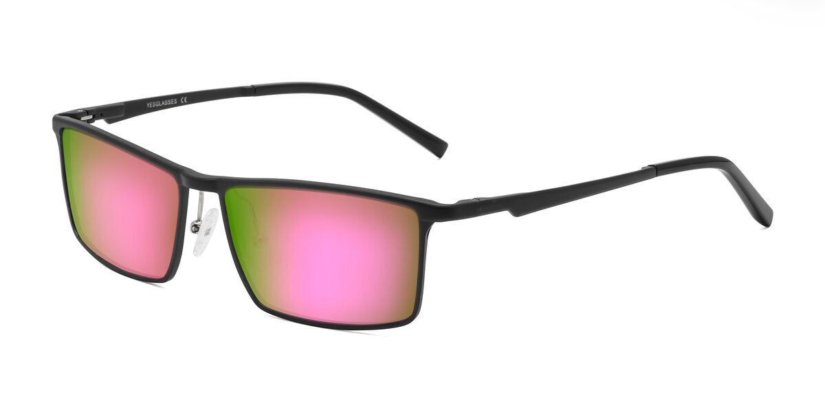 Black Wide Magnesium Alloy Rectangle Mirrored Sunglasses with Pink ...