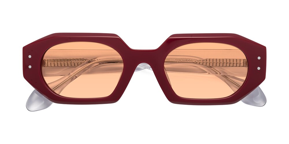 Maroon/Clear Thick Geek-Chic Geometric Tinted Sunglasses with Light ...