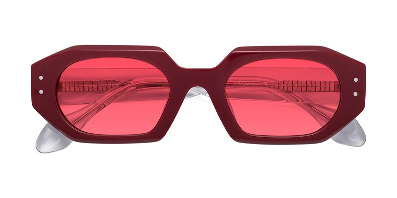Maroon/Clear Thick Geek-Chic Geometric Tinted Sunglasses with Red ...