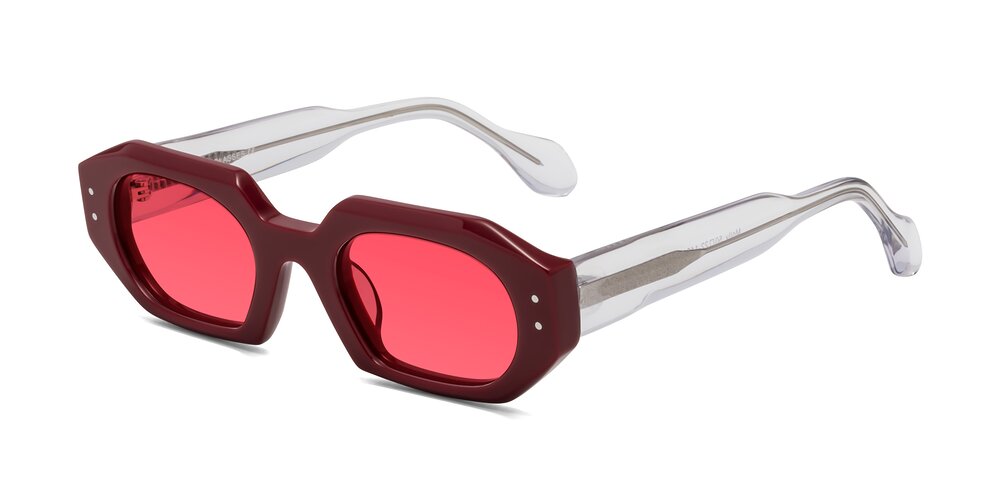 Maroon/Clear Thick Geek-Chic Geometric Tinted Sunglasses with Red ...