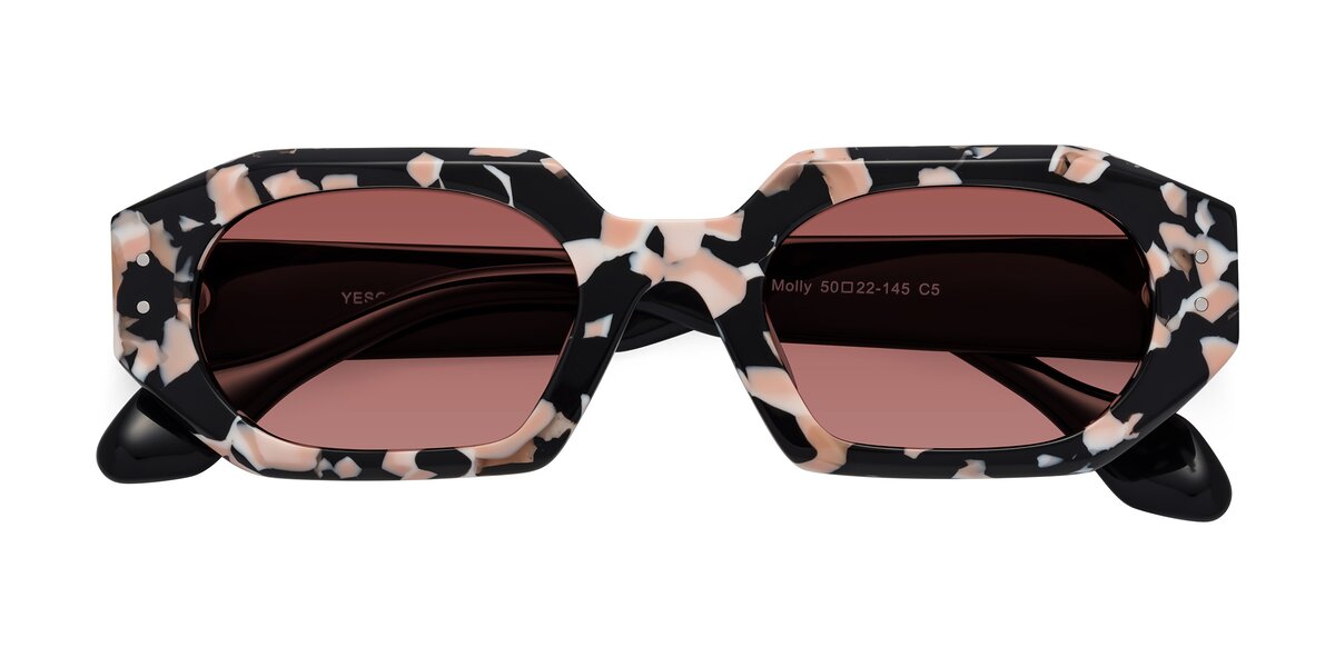 Pink Floral/Black Thick Geek-Chic Geometric Tinted Sunglasses with ...