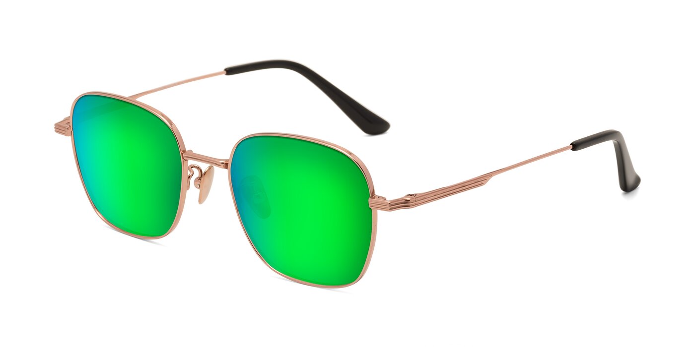 Rose Gold Classic Titanium Square Mirrored Sunglasses with Green ...