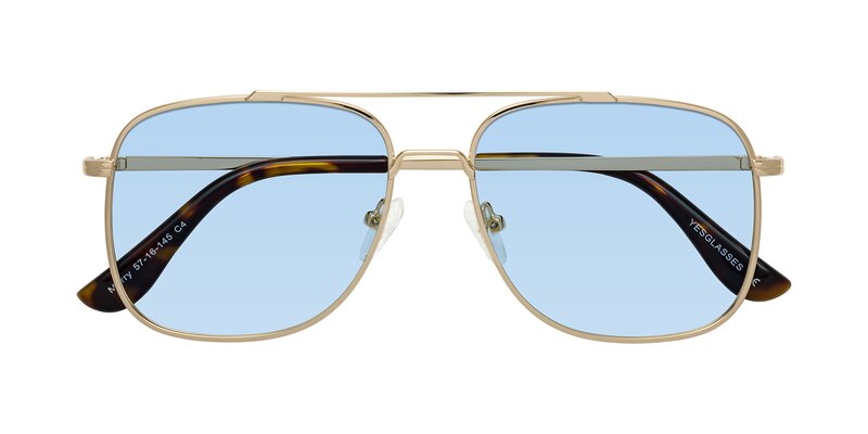 Gold Double Bridge Grandpa Metal Tinted Sunglasses with Light Blue ...