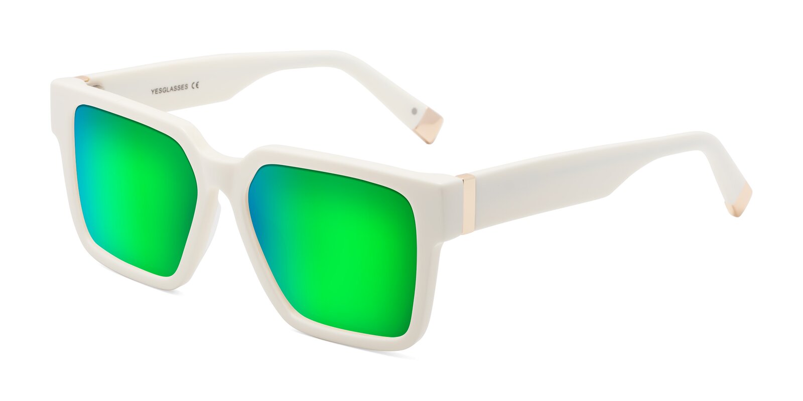 Ivory Hipster Oversized Square Mirrored Sunglasses with Green Sunwear ...