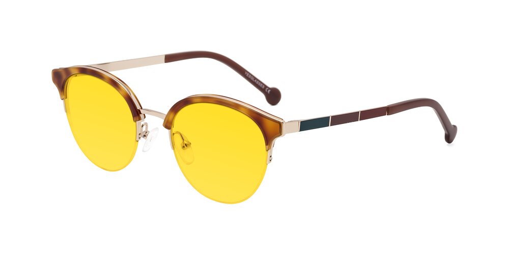 Tortoise/Gold Narrow Round Semi-Rimless Tinted Sunglasses with Yellow ...