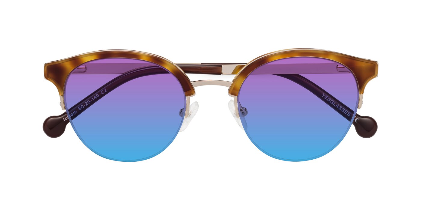 Tortoise/Gold Narrow Round Semi-Rimless Gradient Sunglasses with Purple ...