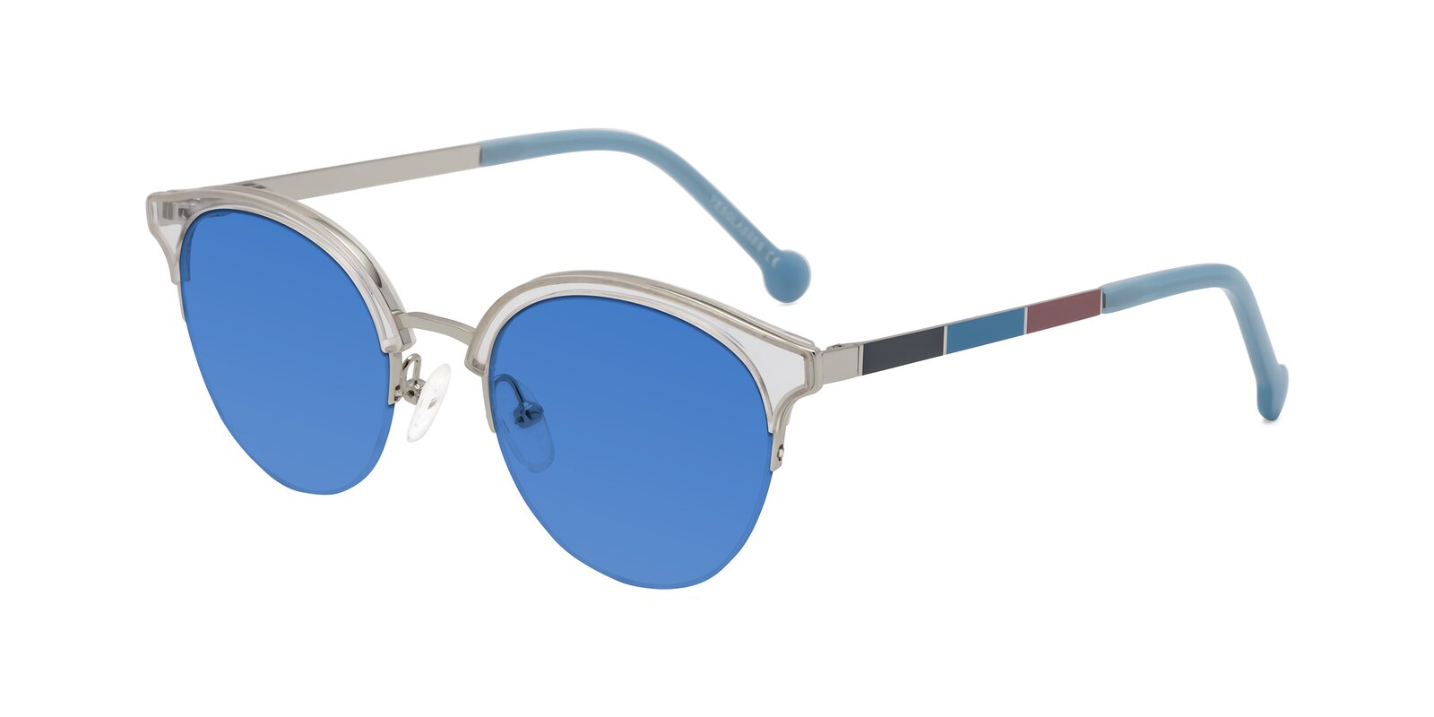 Clear/Silver Narrow Round Semi-Rimless Tinted Sunglasses with Blue ...
