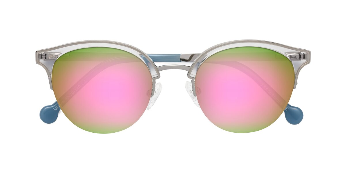 Clear/Silver Narrow Round Semi-Rimless Mirrored Sunglasses with Pink ...