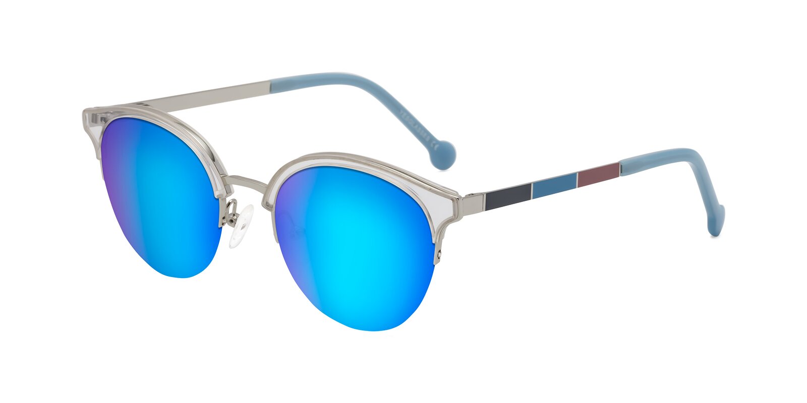 Clear/Silver Narrow Round Semi-Rimless Mirrored Sunglasses with Blue ...