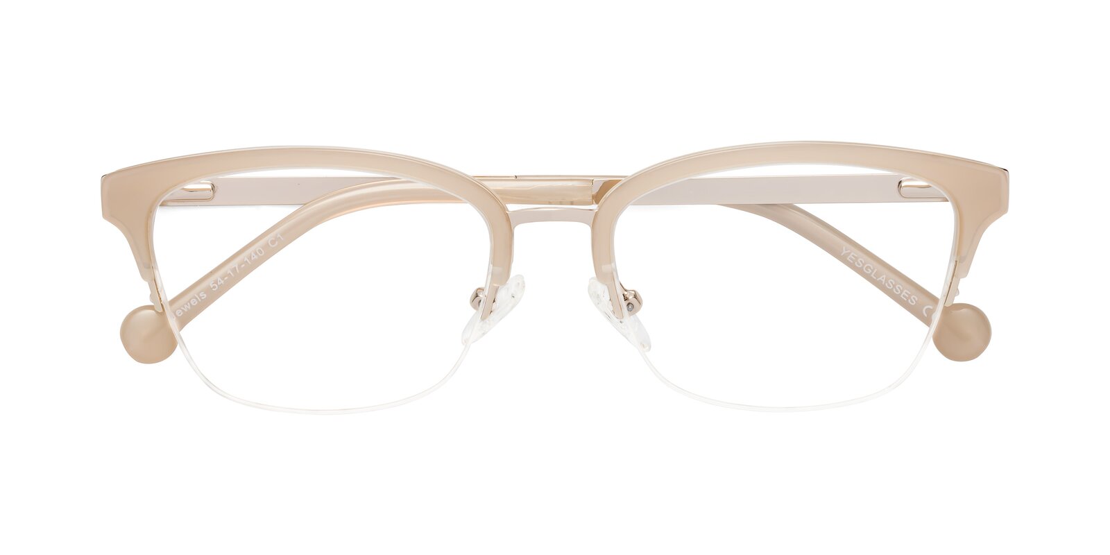 Beige/Gold Retro-Vintage Oval Semi-Rimless Eyeglasses - Jewels