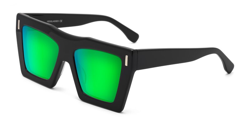 Black Thick Hipster Square Mirrored Sunglasses with Green Sunwear ...
