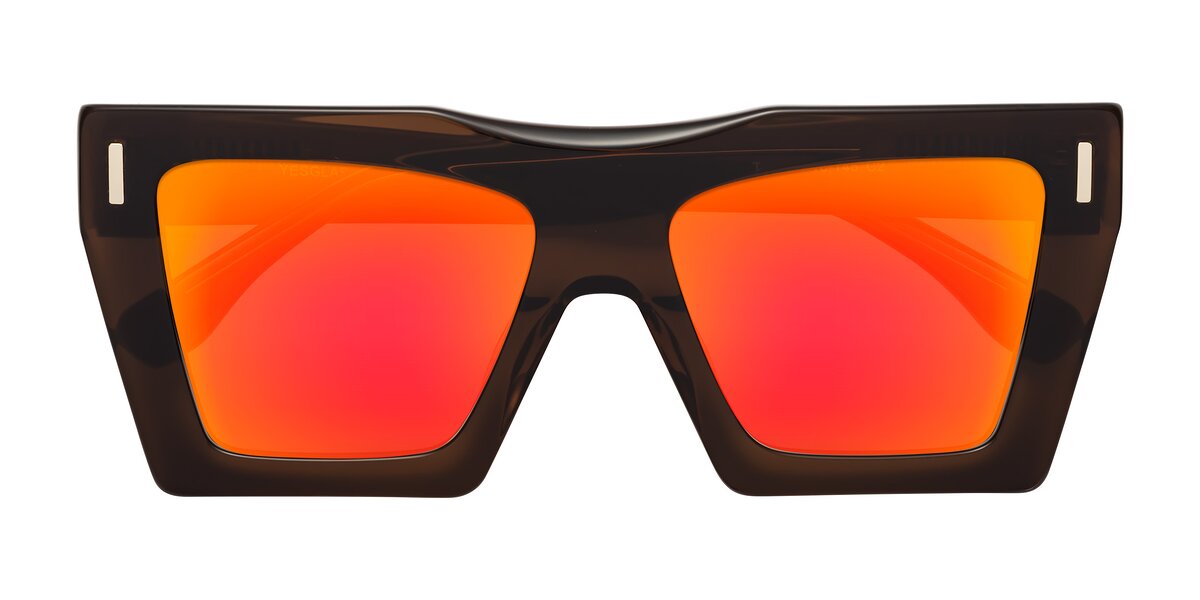 Brown Thick Hipster Square Mirrored Sunglasses with Red Gold Sunwear ...