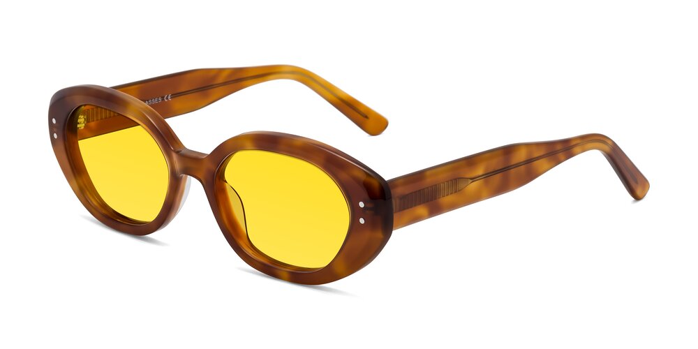Amber Tortoise Geek-Chic Acetate Oval Tinted Sunglasses with Yellow ...