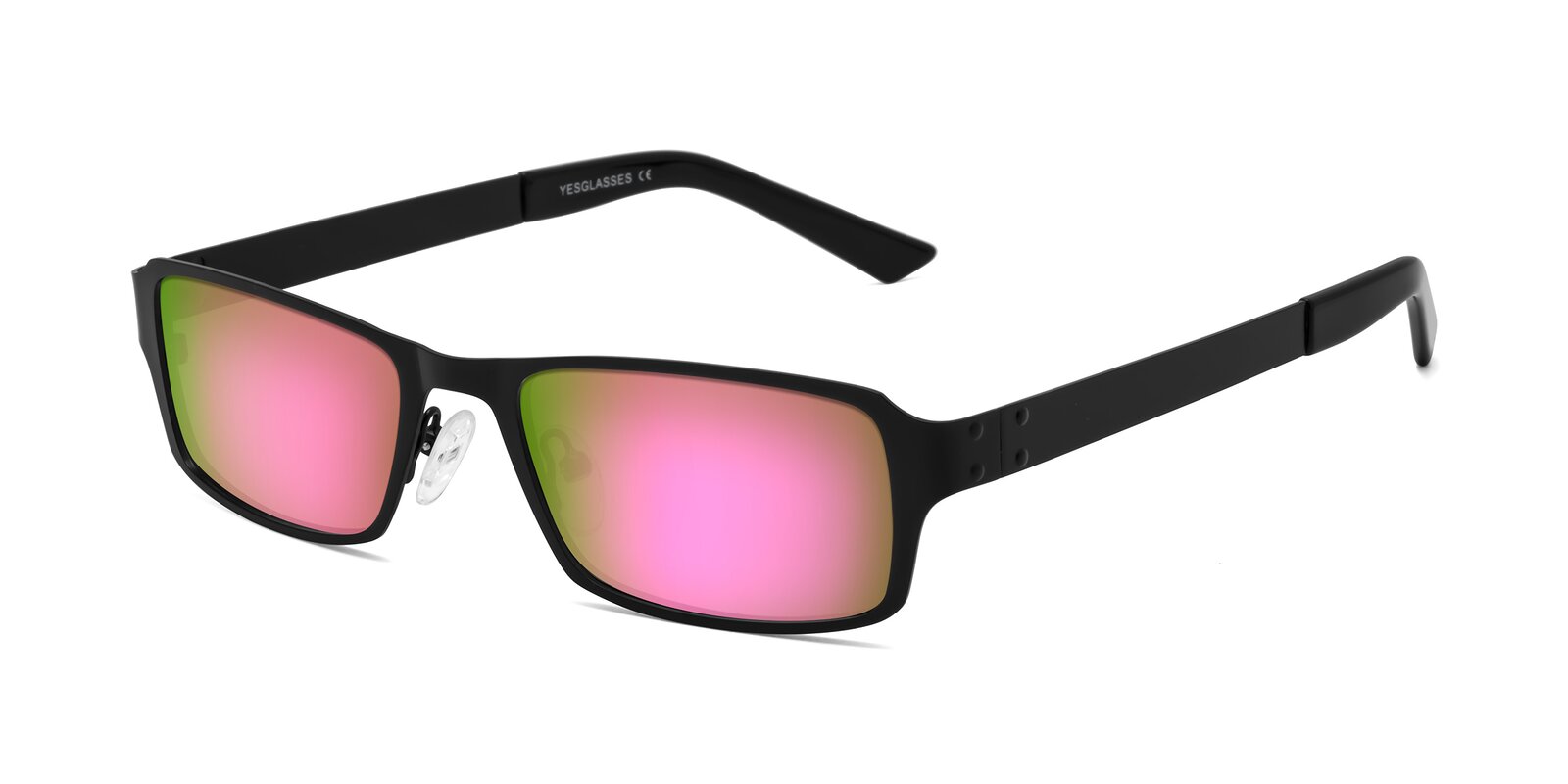 Matte Black Retro-Vintage Metal Rectangle Mirrored Sunglasses with Pink ...