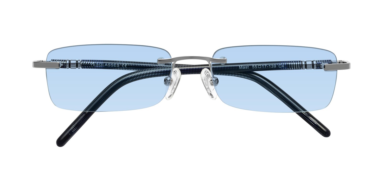 Silver/Blue Metal Rectangle Rimless Tinted Sunglasses with Light Blue ...