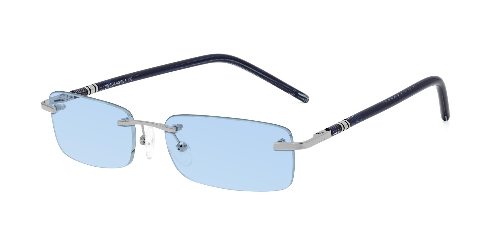Silver/Blue Metal Rectangle Rimless Tinted Sunglasses with Light Blue ...