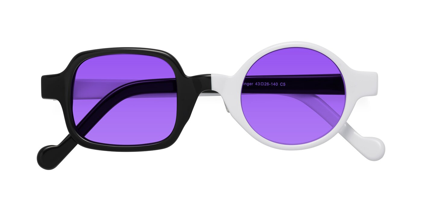 Black/White Geek-Chic Round Square Tinted Sunglasses with Purple ...