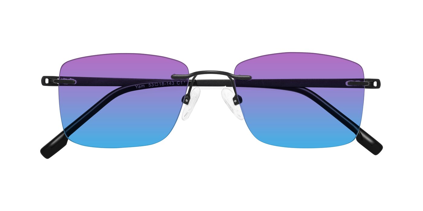 Matte Black Classic Rectangle Rimless Gradient Sunglasses with Purple ...