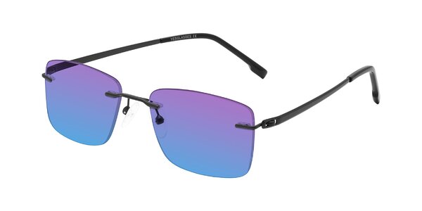 Matte Black Classic Rectangle Rimless Gradient Sunglasses with Purple ...