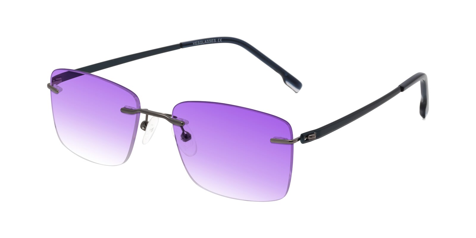 Gunmetal/Blue Classic Rectangle Rimless Gradient Sunglasses with Purple ...