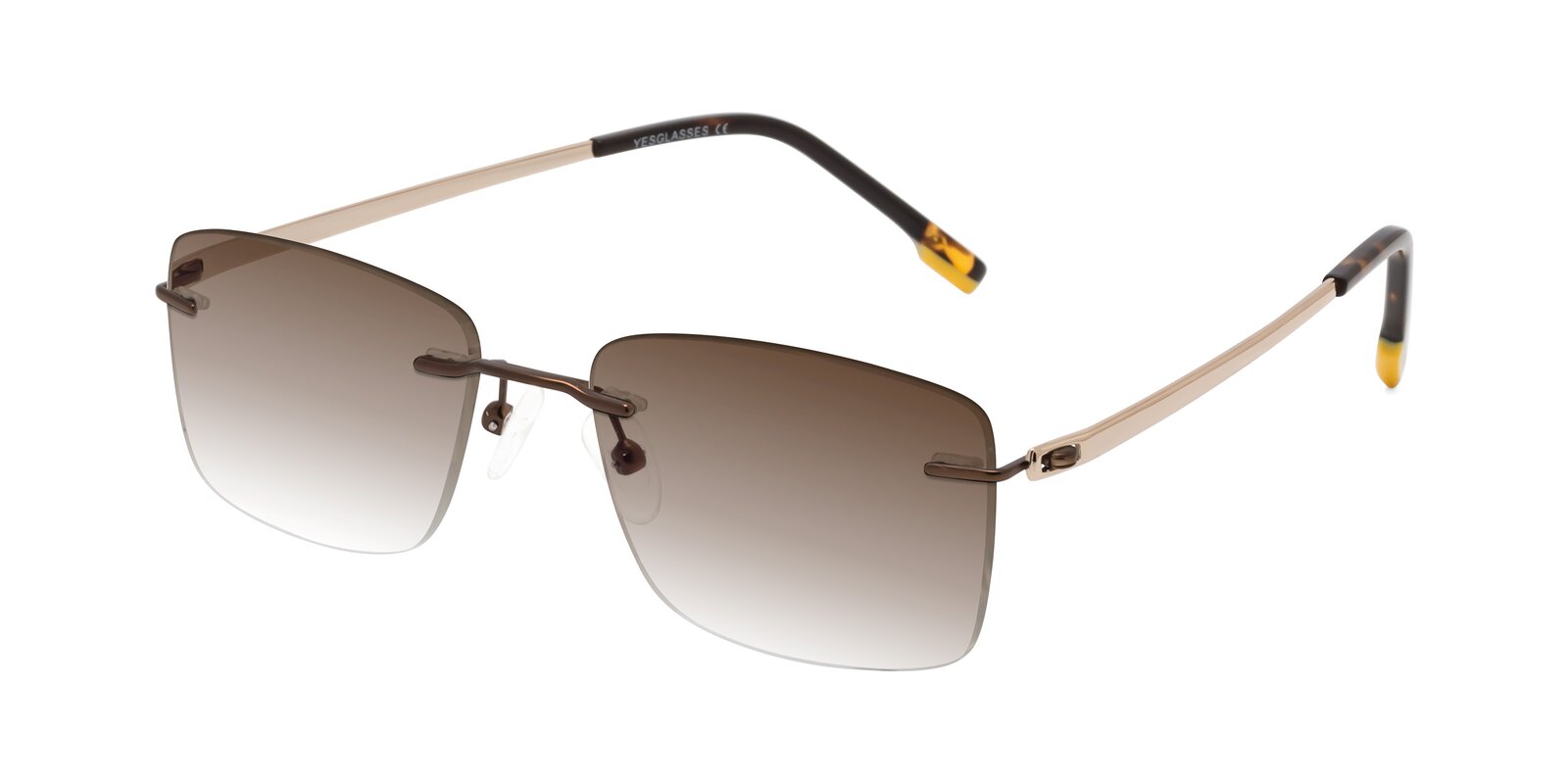 Brown/Gold Classic Rectangle Rimless Gradient Sunglasses with Brown ...