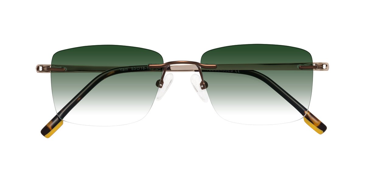 Brown/Gold Classic Rectangle Rimless Gradient Sunglasses with Green ...