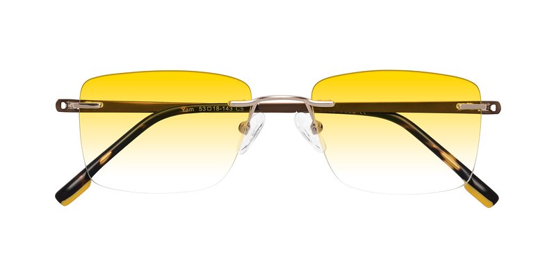 Gold/Brown Classic Rectangle Rimless Gradient Sunglasses with Yellow ...