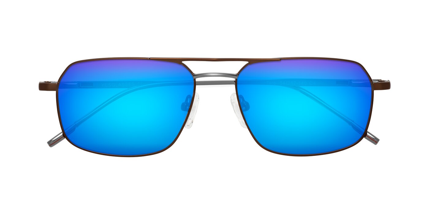 Brown Double Bridge Metal Rectangle Mirrored Sunglasses with Blue ...