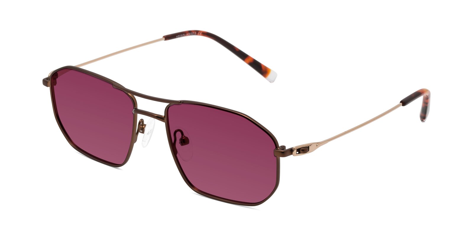 Brown/Gold Double Bridge Metal Geometric Tinted Sunglasses with Wine ...