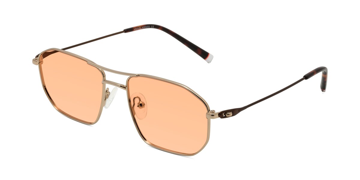 Gold/Brown Double Bridge Metal Geometric Tinted Sunglasses with Light ...