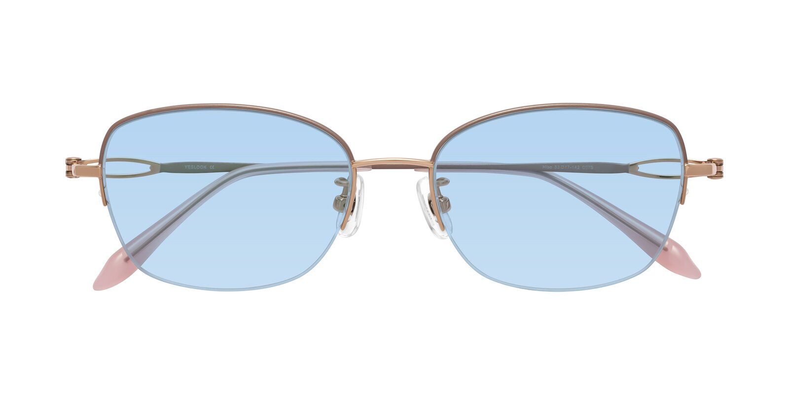 Dusty Rose Titanium Oval Semi-Rimless Tinted Sunglasses with Light Blue ...