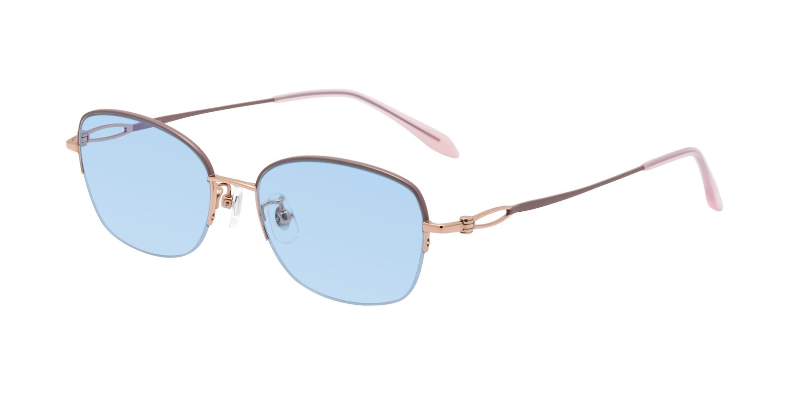 Dusty Rose Titanium Oval Semi-Rimless Tinted Sunglasses with Light Blue ...