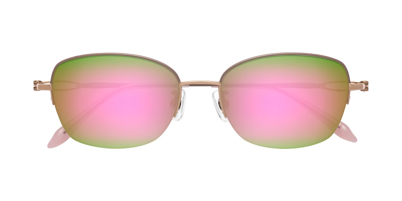 Dusty Rose Titanium Oval Semi-Rimless Mirrored Sunglasses with Pink ...