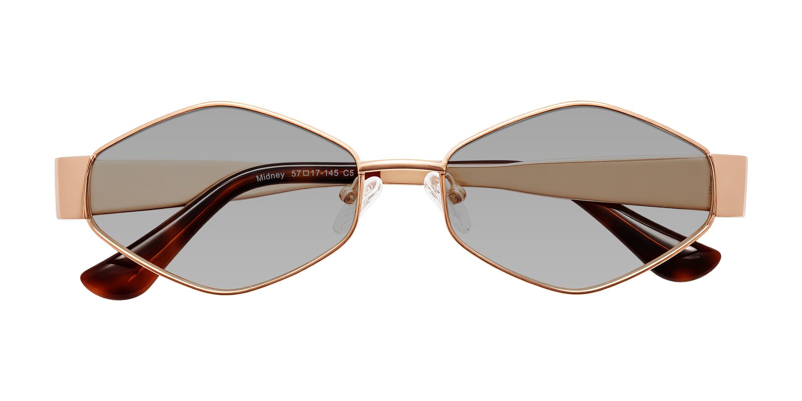 Rose Gold Designer Metal Geometric Tinted Sunglasses with Light Gray ...