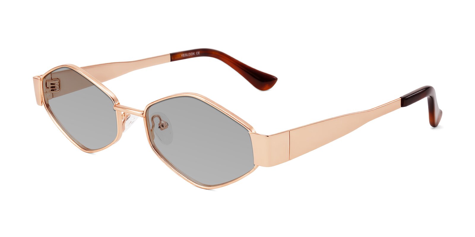 Rose Gold Designer Metal Geometric Tinted Sunglasses with Light Gray ...