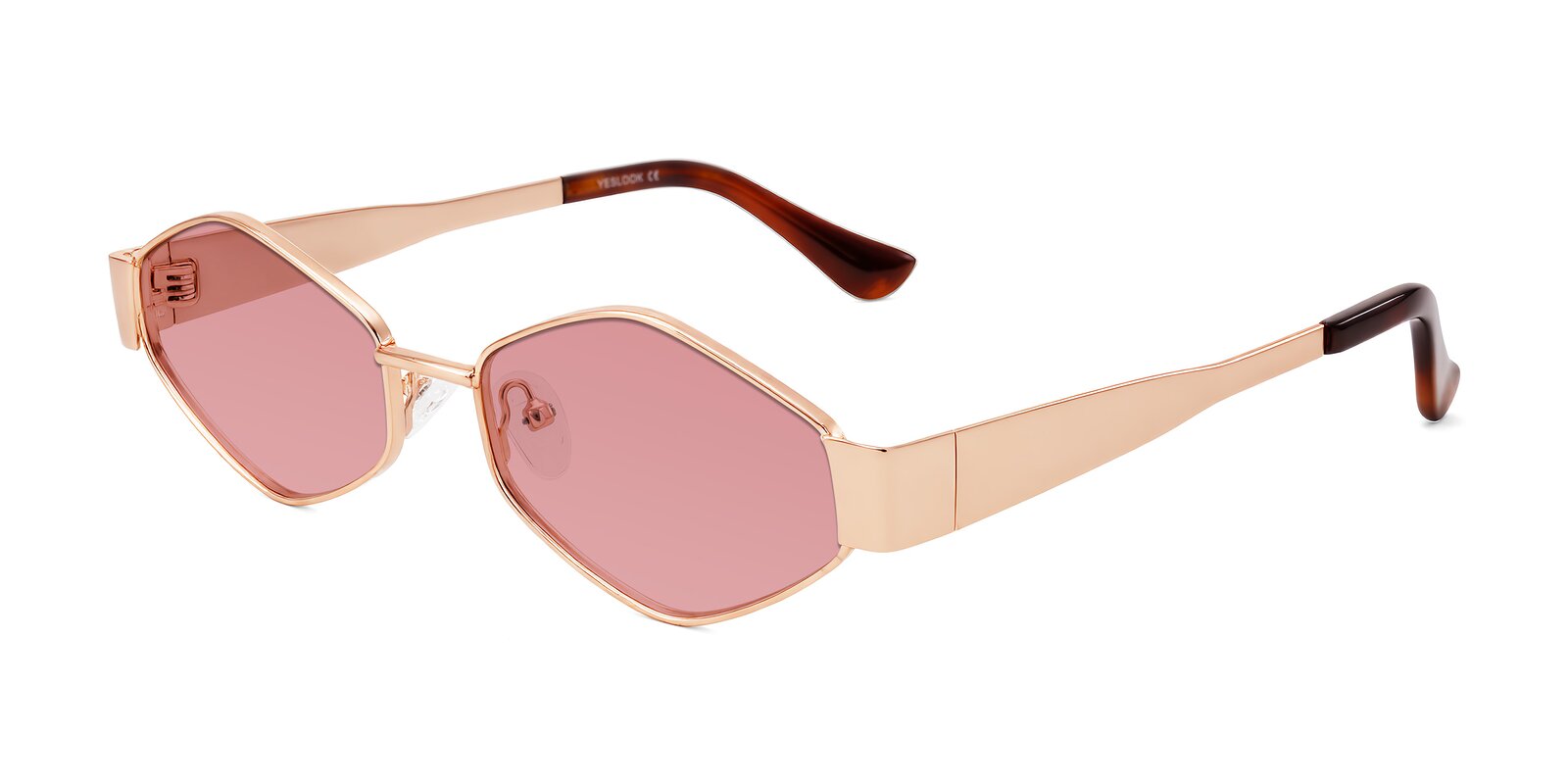 Rose Gold Designer Metal Geometric Tinted Sunglasses with Medium Garnet ...