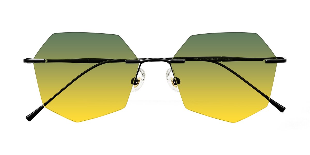 Matte Black Titanium Geometric Rimless Gradient Sunglasses with Green ...