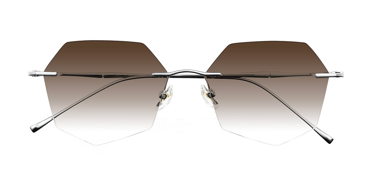 Silver Titanium Geometric Rimless Gradient Sunglasses with Brown ...