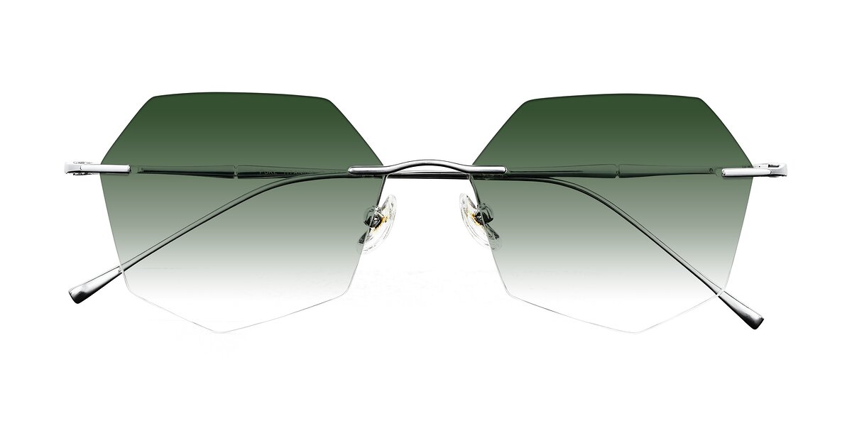 Silver Titanium Geometric Rimless Gradient Sunglasses with Green ...
