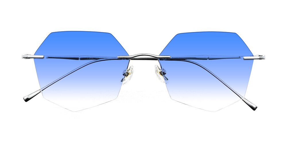 Silver Titanium Geometric Rimless Gradient Sunglasses with Blue Sunwear ...